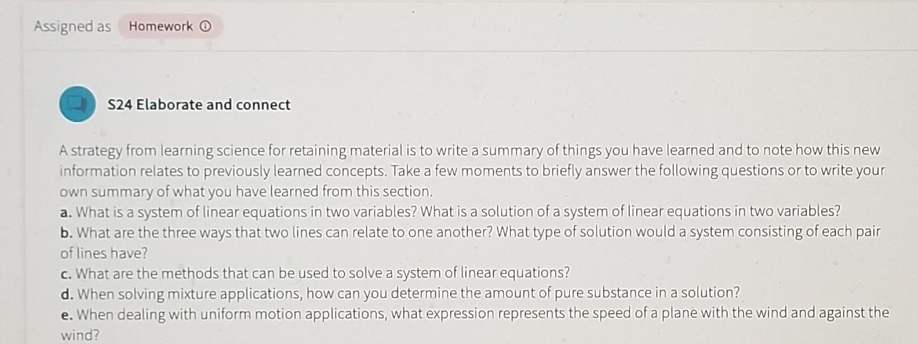 Solved Assigned as Homework S24 Elaborate and connect A | Chegg.com