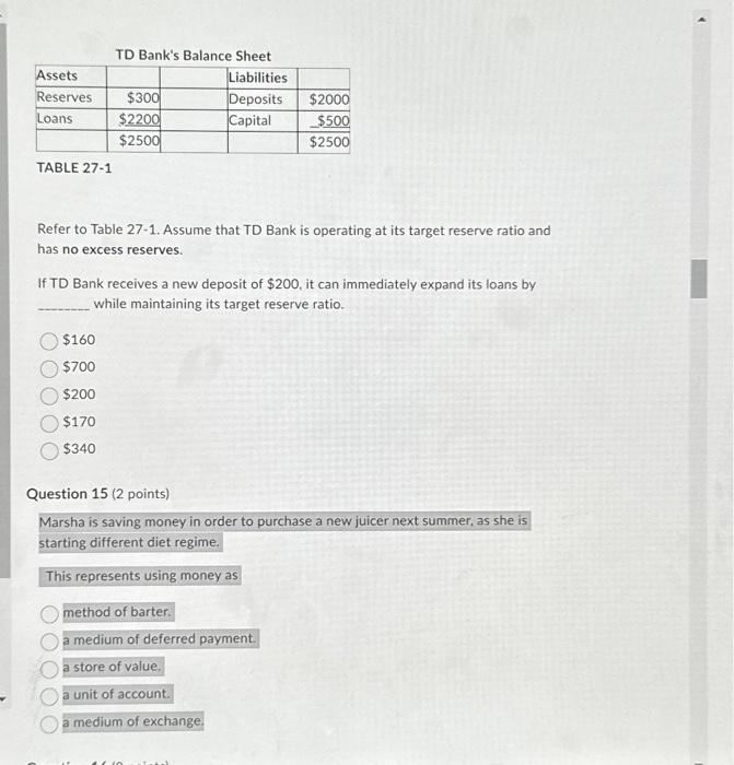 Solved TD Bank's Balance Sheet TABLE 27−1 Refer to Table | Chegg.com