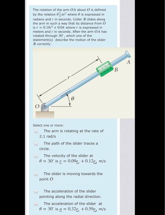 Solved The rotation of the arm OA about O is defined by the | Chegg.com