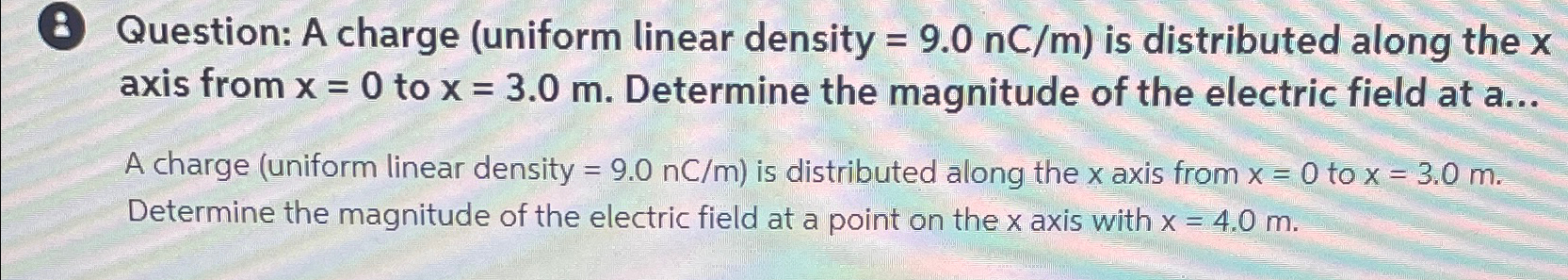 Solved (8) ﻿Question: A charge (uniform linear density | Chegg.com