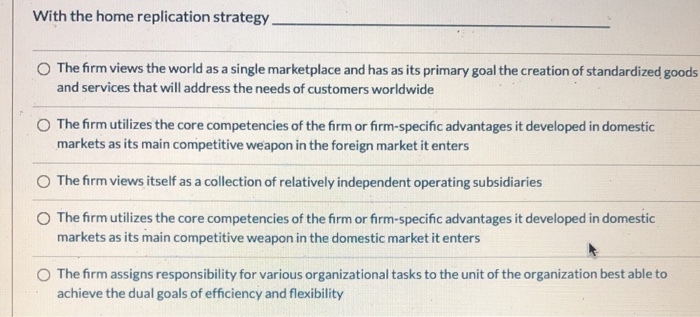 Solved With the home replication strategy The firm views the | Chegg.com