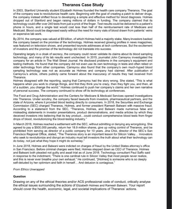 Solved Theranos Case Study In 2003, Stanford University | Chegg.com
