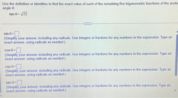 Solved Use the definition or identities to find the exact | Chegg.com