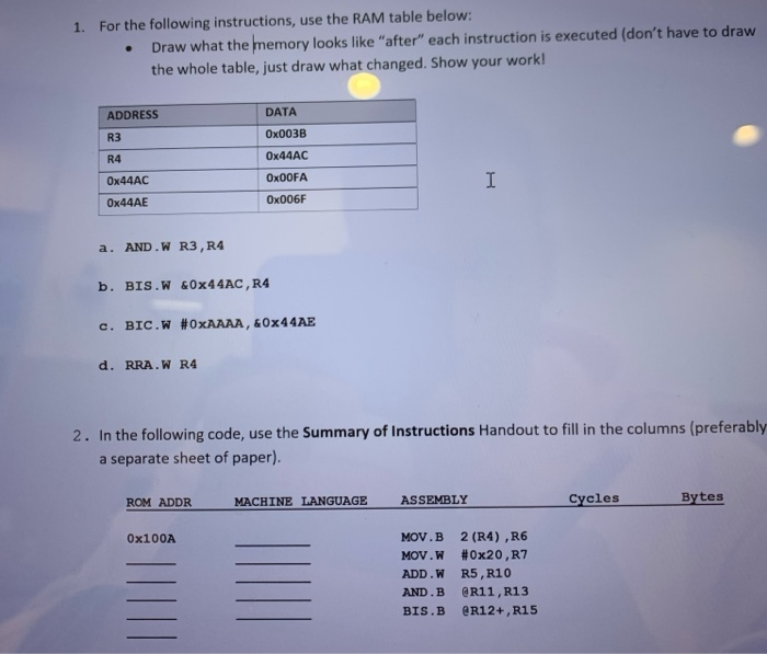 Solved 1. For the following instructions, use the RAM table | Chegg.com