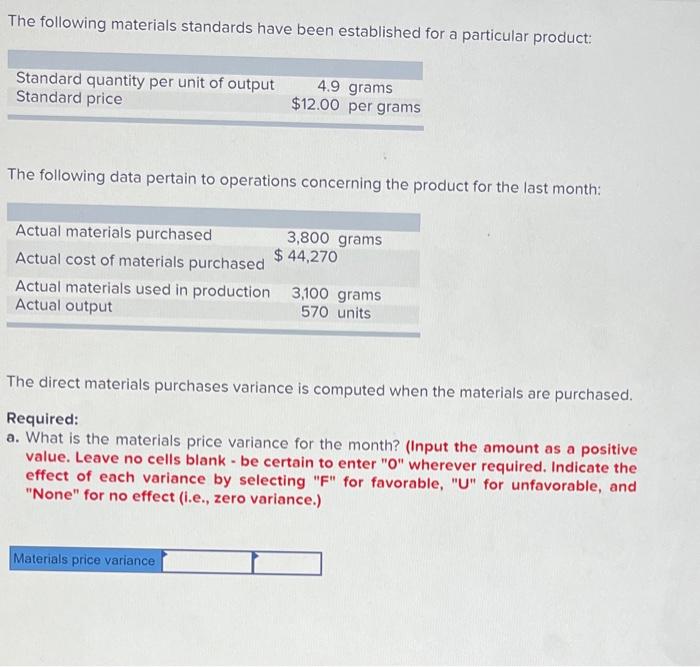 Solved The following materials standards have been | Chegg.com