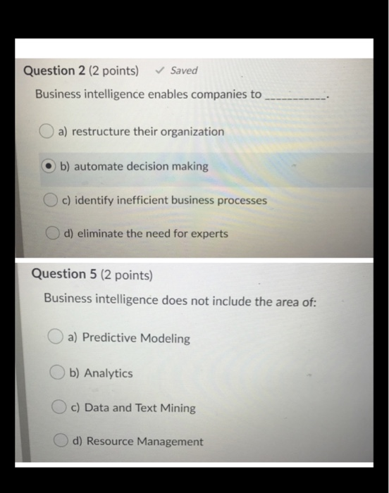 Solved Question 2 (2 points) Saved Business intelligence | Chegg.com