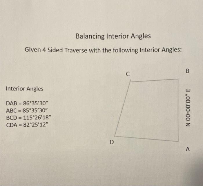 Solved Balancing Interior Angles Given 4 Sided Traverse with | Chegg.com