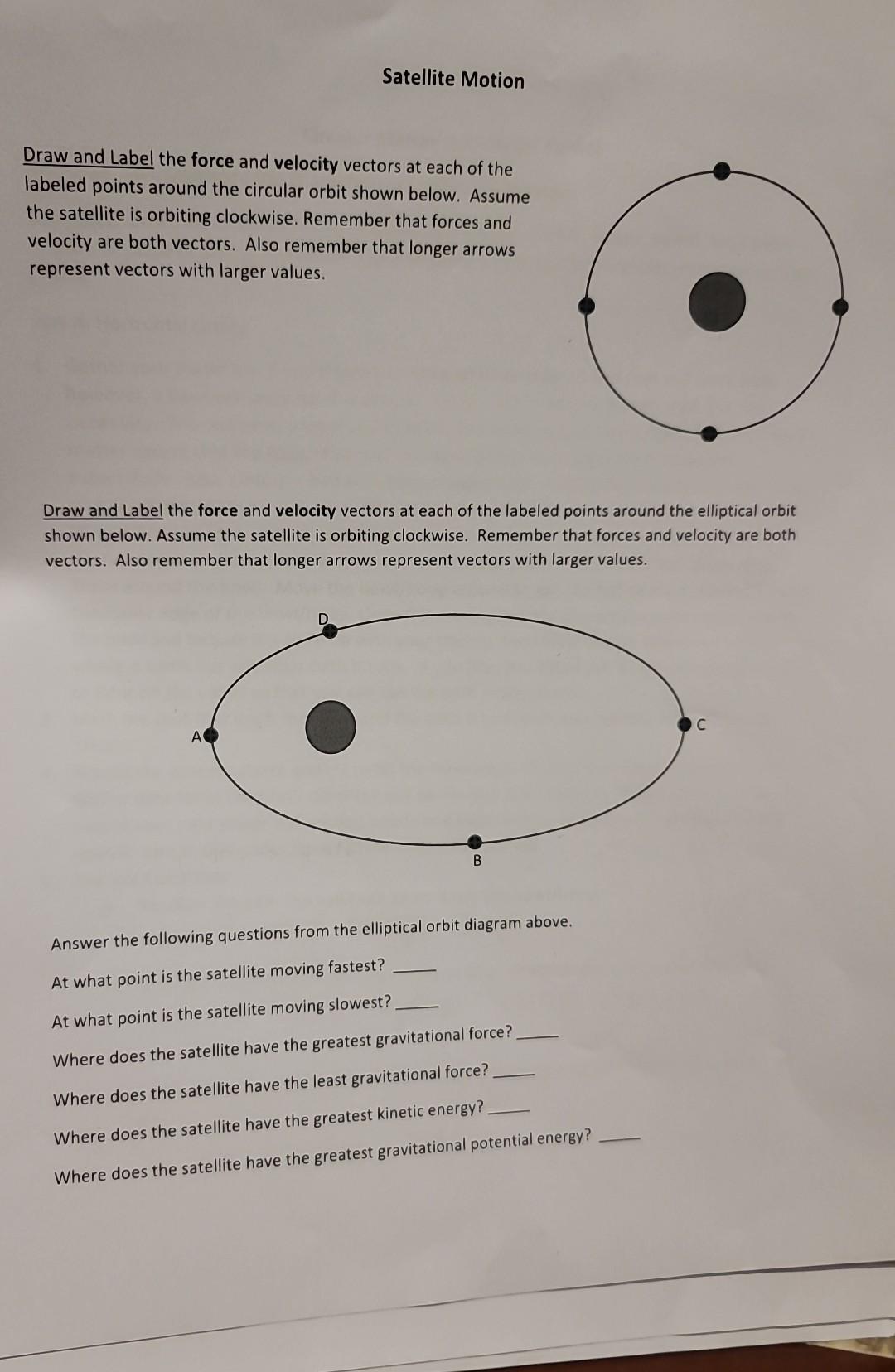 Solved Satellite Motion Draw and Label the force and | Chegg.com