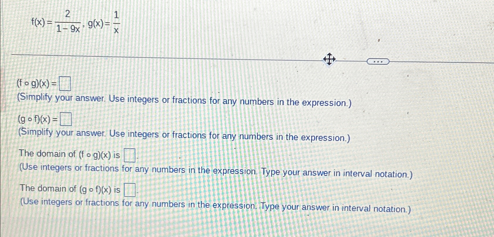 Solved f(x)=21-9x,g(x)=1x(f@g)(x)=(Simplify your answer. Use | Chegg.com