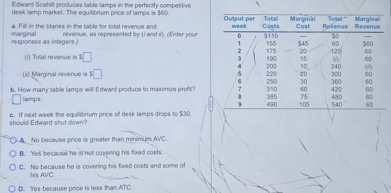 Solved Edward Scahill produces table lamps in the perfectly | Chegg.com