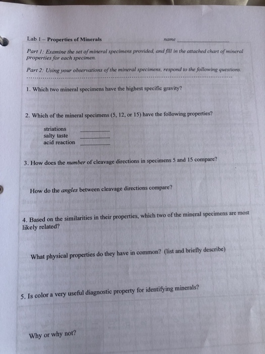 Solved Pame Lab 1 - Properties of Minerals Part 1: Examine | Chegg.com