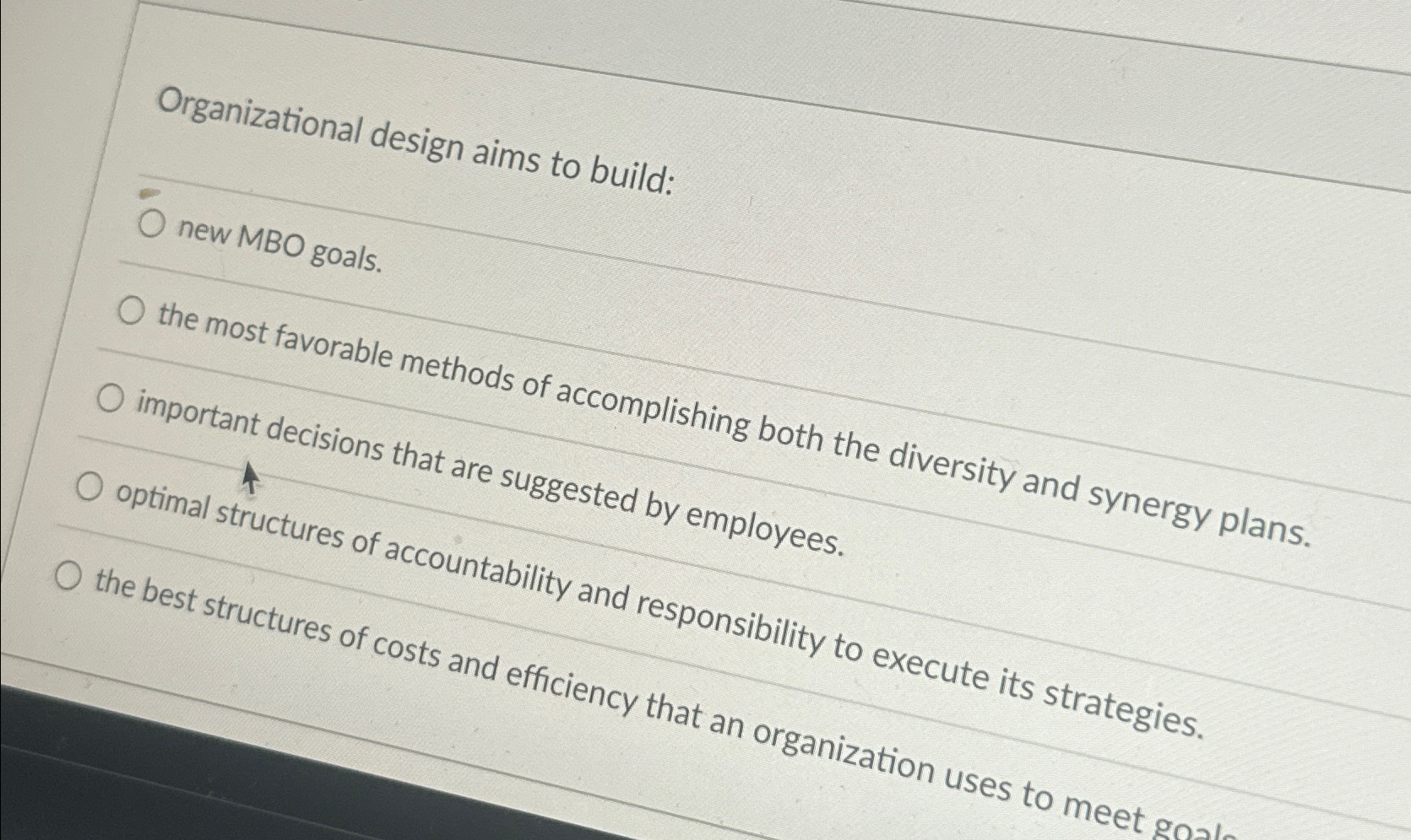 Solved Organizational design aims to build:new MBO goals.the | Chegg.com