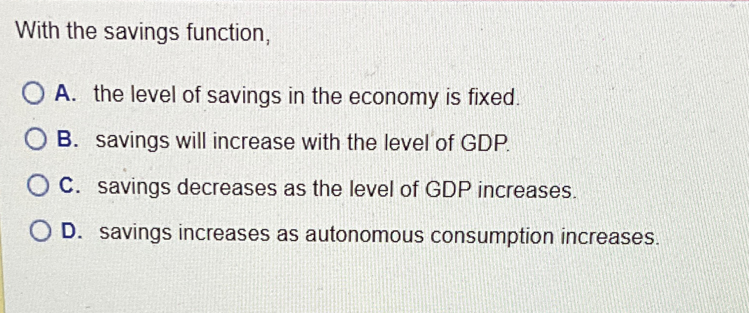 Solved With the savings function,A. ﻿the level of savings in | Chegg.com