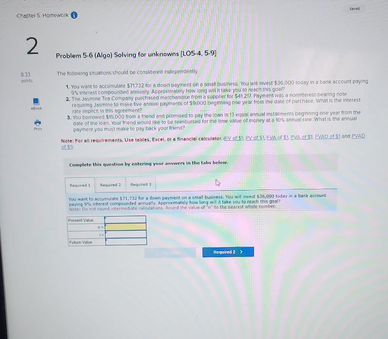 Solved Problem 5-6 (Algo) Solving for unknowns [LO5-4, 5-9] | Chegg.com