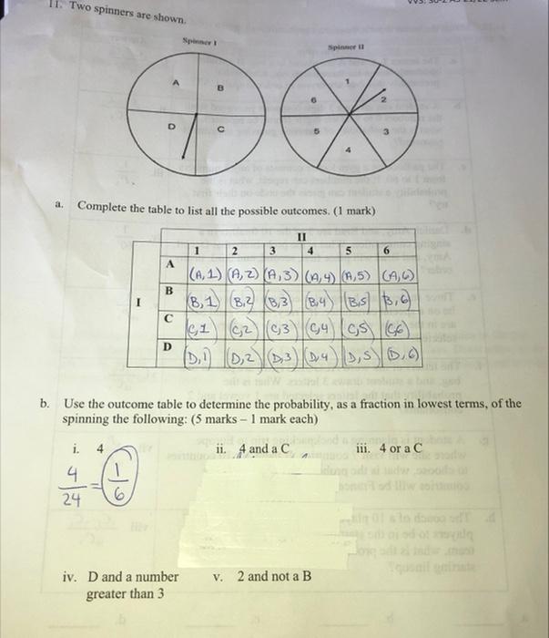 Solved 11. Two spinners are shown. a. Complete the table to | Chegg.com