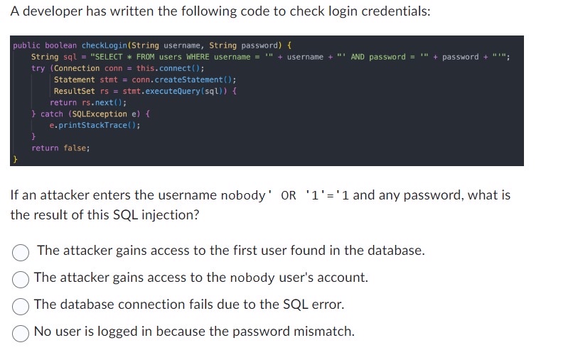 Solved A developer has written the following code to check | Chegg.com