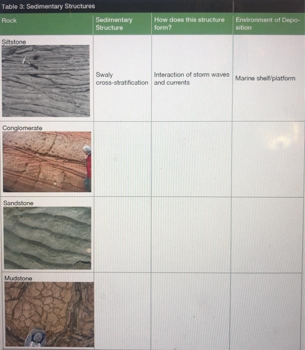 Solved Table 3: Sedimentary Structures Rock Sedimentary | Chegg.com