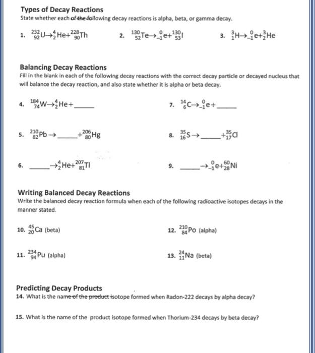 Solved Types of Decay Reactions State whether each of the | Chegg.com