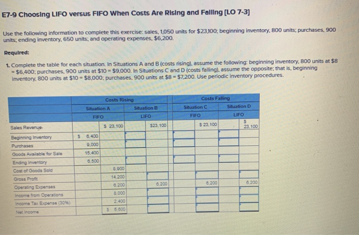 Solved E7-9 Choosing LIFO versus FIFO When Costs Are Rising | Chegg.com