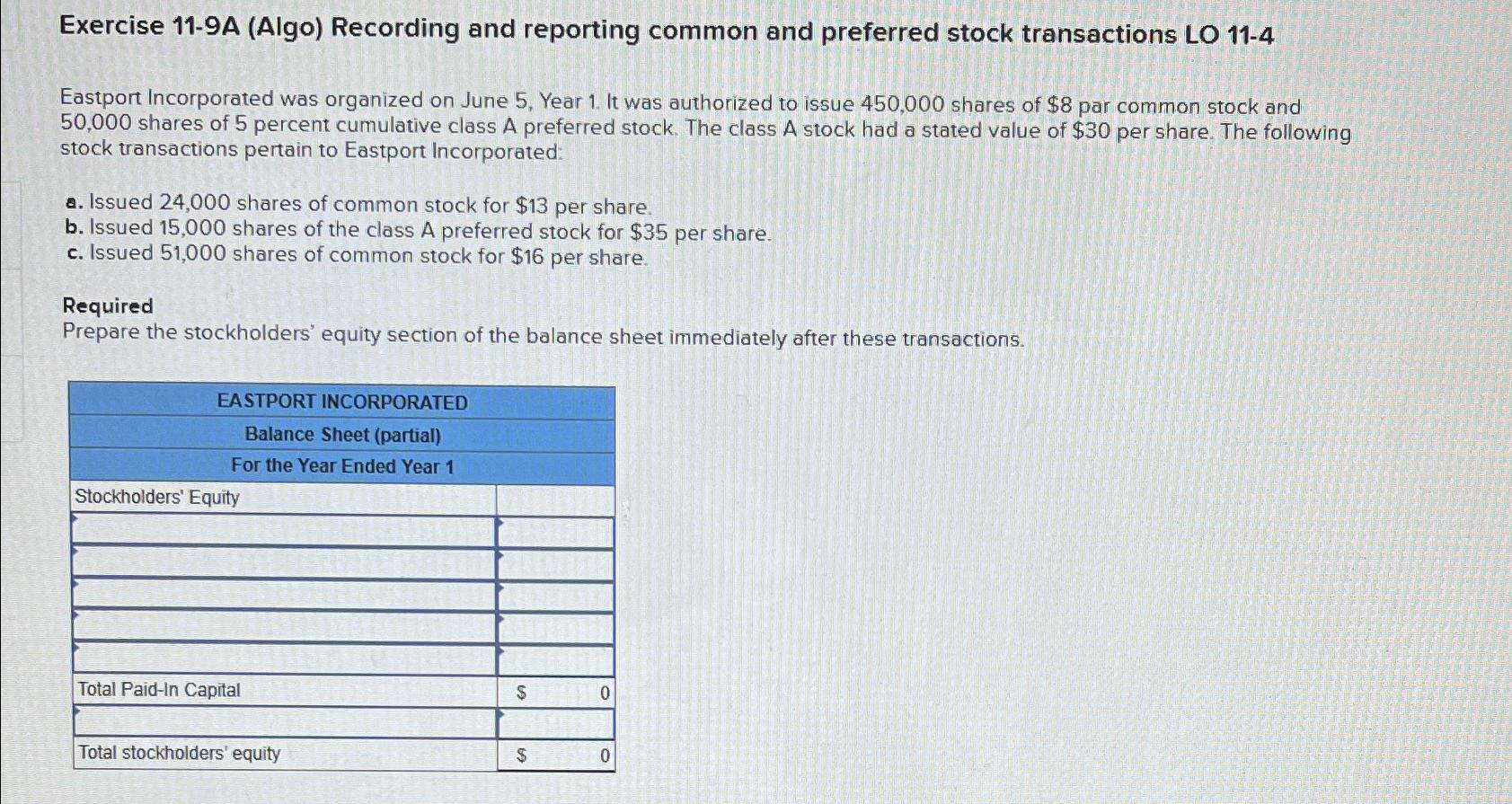 Solved Exercise 11-9A (Algo) ﻿Recording and reporting common | Chegg.com