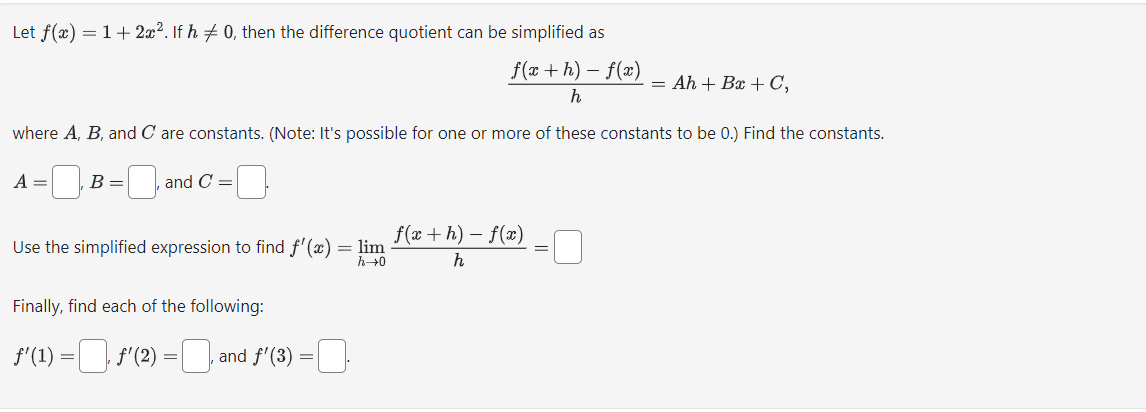 Solved Let f(x)=1+2x2. ﻿If h≠0, ﻿then the difference | Chegg.com