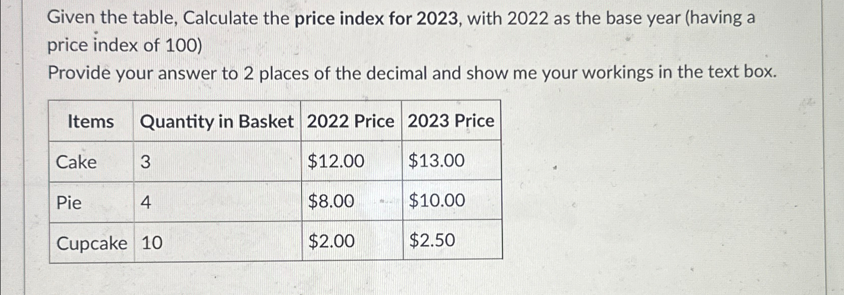 Solved Given the table, Calculate the price index for 2023 , | Chegg.com