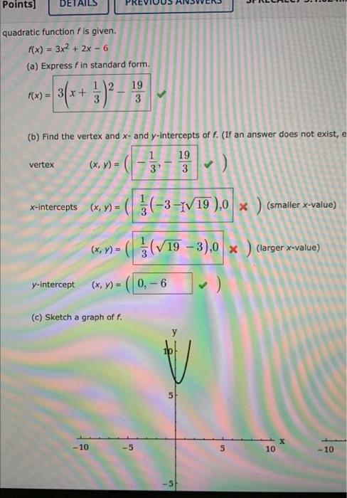 Solved quadratic function f is given. f(x)=3x2+2x−6 (a) | Chegg.com