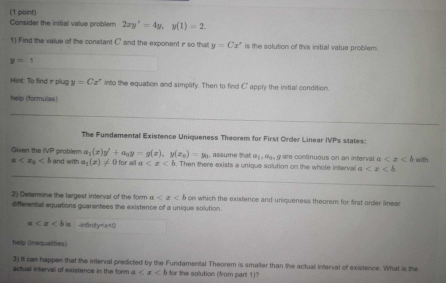 Solved (1 point) Consider the initial value problem 2xy' = | Chegg.com