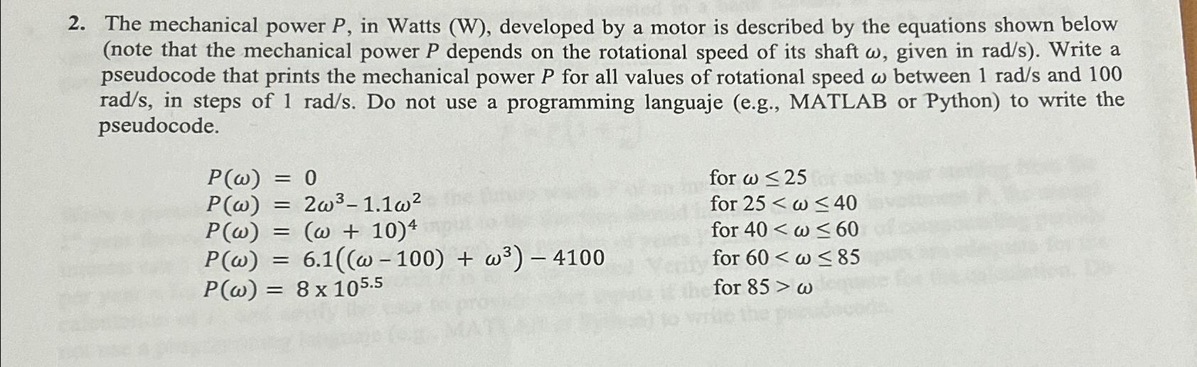 Solved The mechanical power P, ﻿in Watts (W), ﻿developed by | Chegg.com