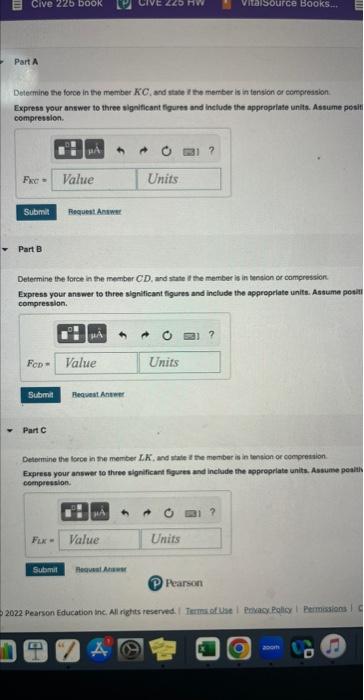 Solved Determine the force in members \( L K, K C \), and \( | Chegg.com