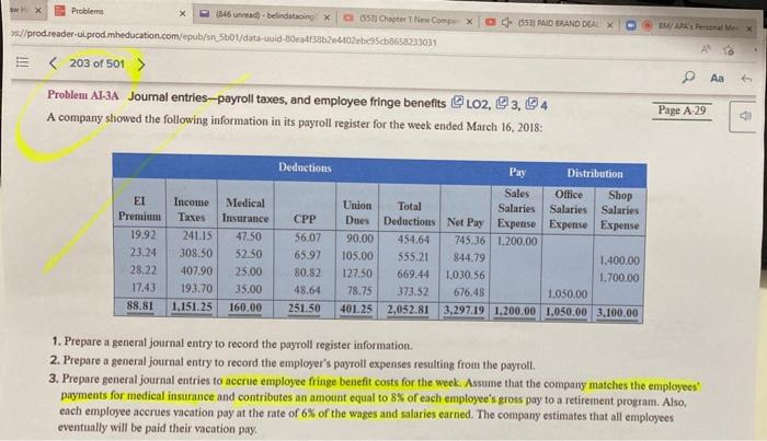 Problem AI-3A Joumal entries-payroll taxes, and | Chegg.com