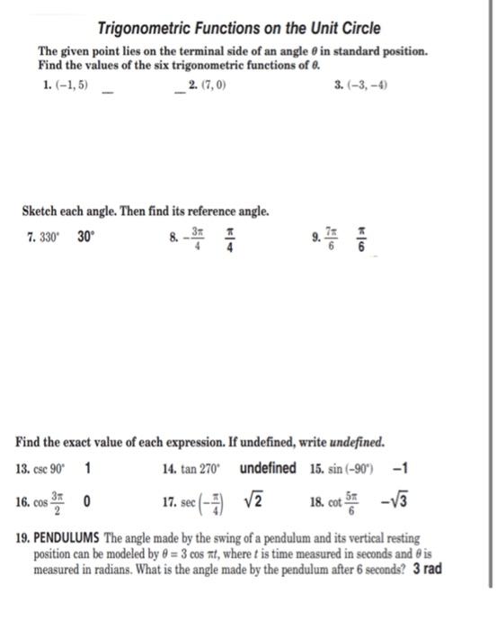 Solved Trigonometric Functions on the Unit Circle The given | Chegg.com