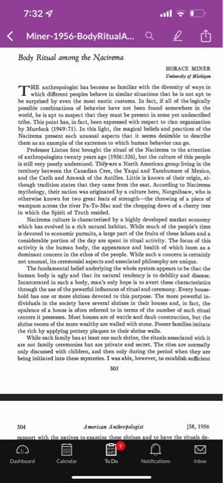Body Ritual among the Nacirema HORACE MINER | Chegg.com