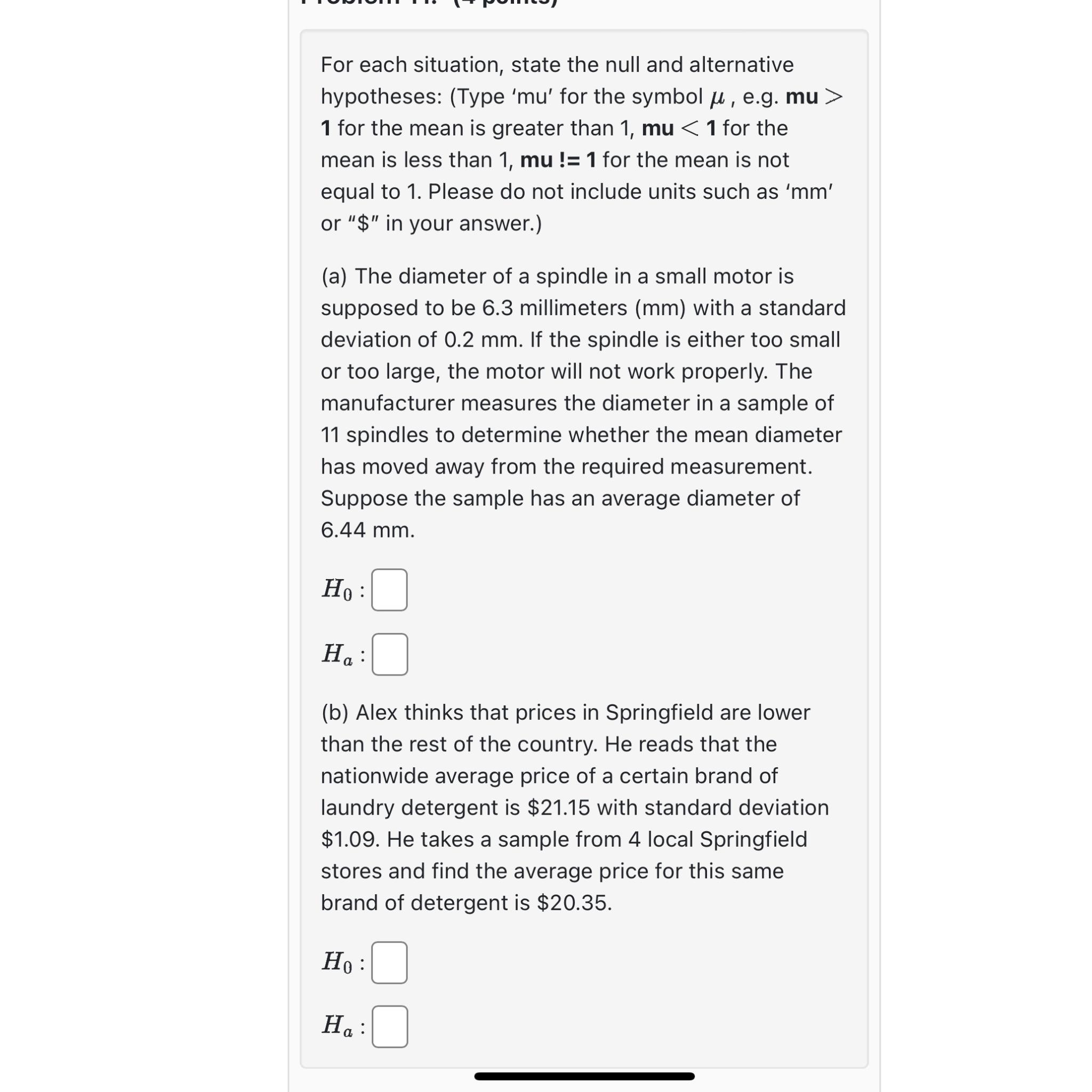 Solved For each situation, state the null and alternative | Chegg.com