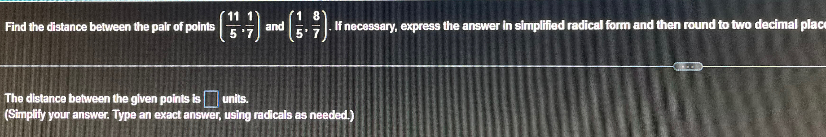 Solved Find the distance between the pair of points (115,17) | Chegg.com