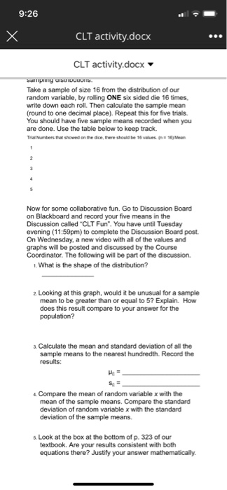 Solved 9:25 CLT activity.docx CLT activity.docx Introduction | Chegg.com