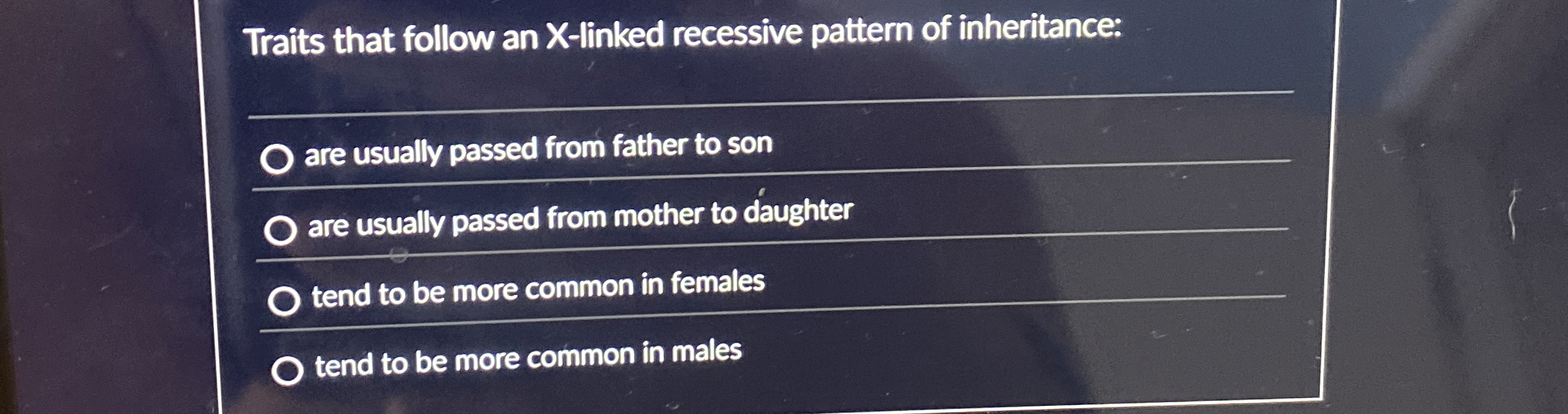 Solved Traits that follow an X-linked recessive pattern of | Chegg.com