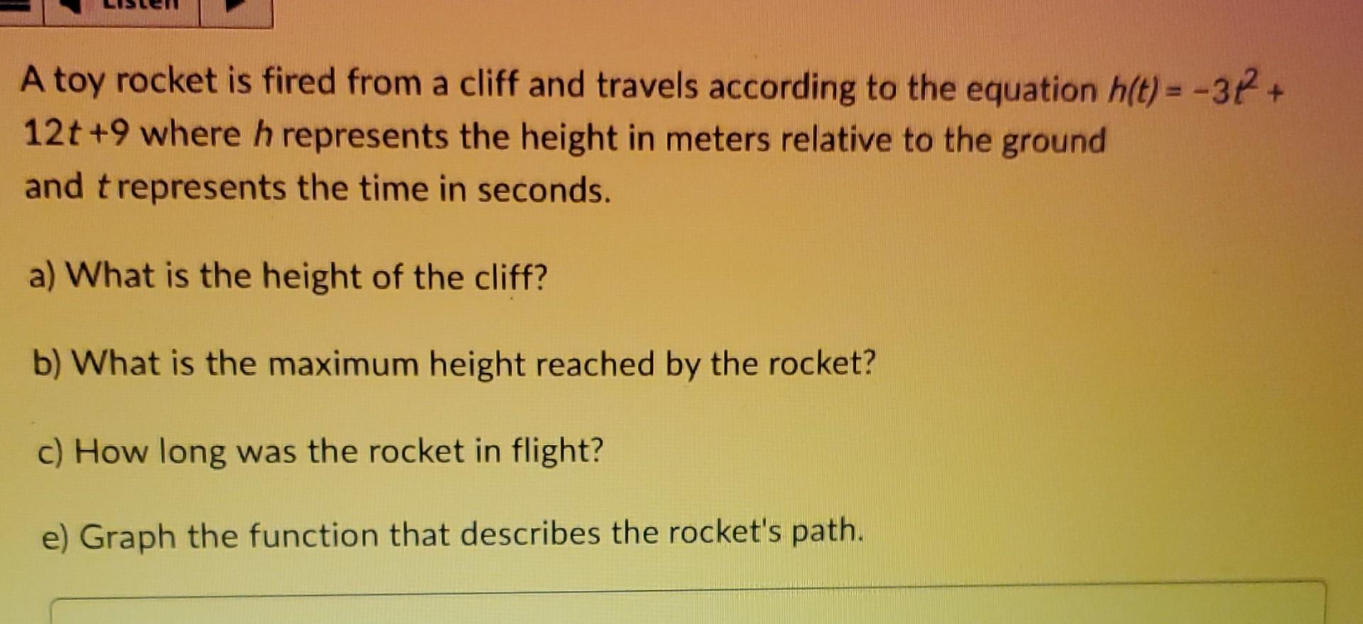 Solved A toy rocket is fired from a cliff and travels | Chegg.com