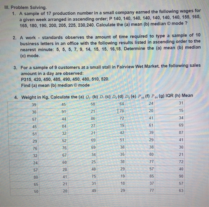 Solved III. Problem Solving. 1. A sample of 17 production | Chegg.com