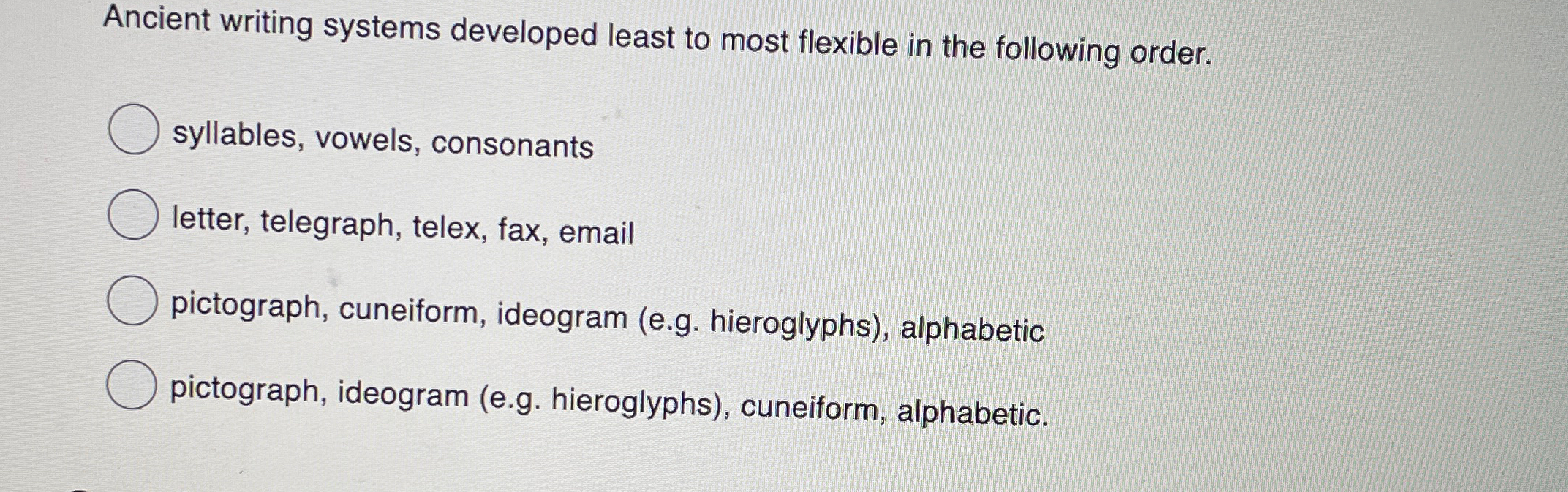 Solved Ancient writing systems developed least to most | Chegg.com