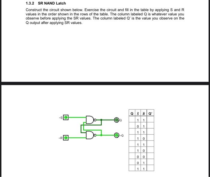 Solved 1.3.2 SR NAND Latch Construct the circuit shown | Chegg.com