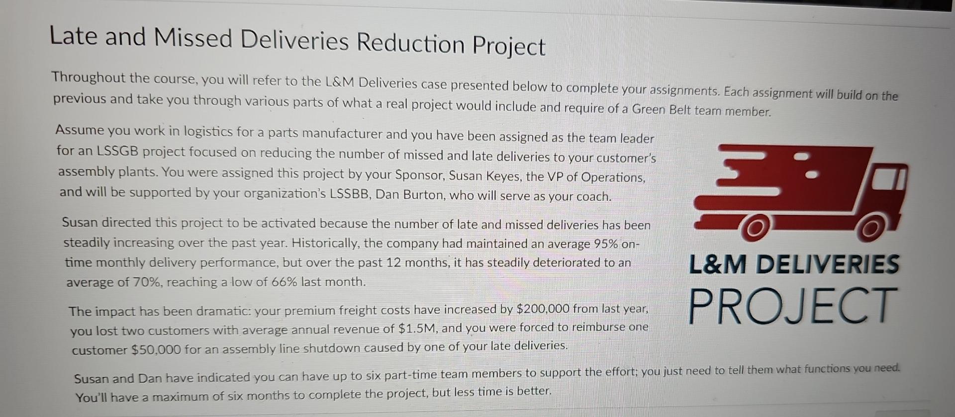 Solved Late and Missed Deliveries Reduction Project | Chegg.com