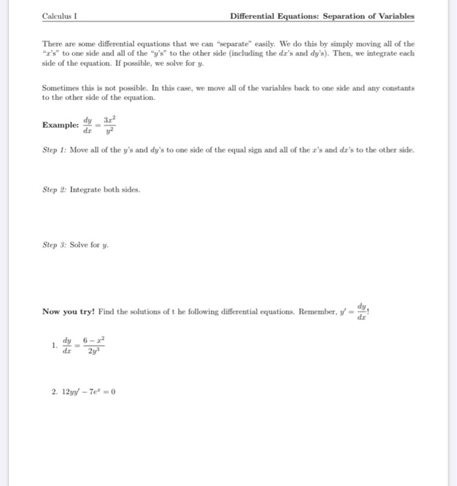 Solved Calculus 1 Differential Equations: Separation of | Chegg.com