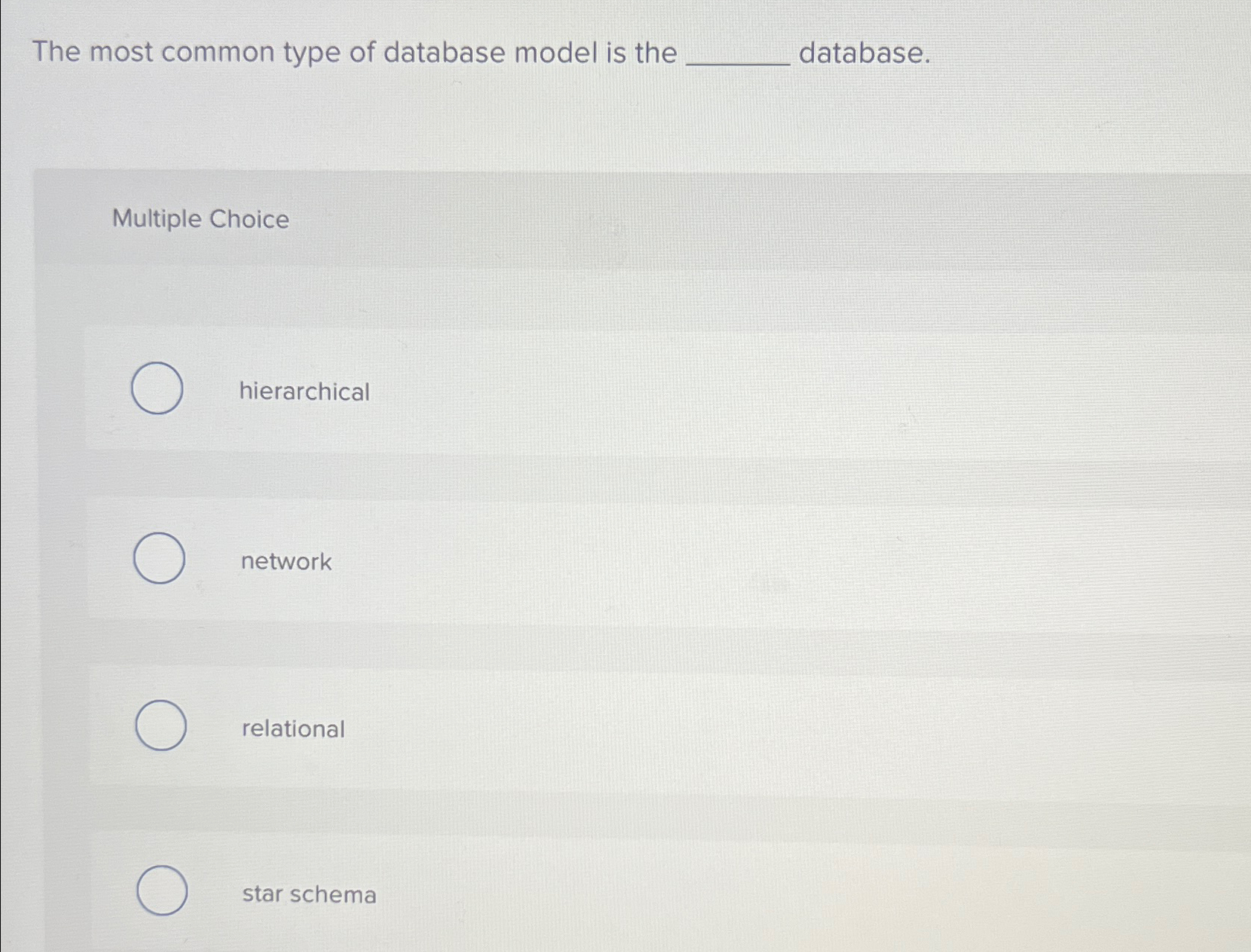 Solved The most common type of database model is the | Chegg.com
