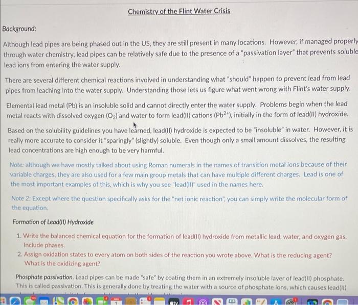 Chemistry of the Flint Water Crisis Background: | Chegg.com
