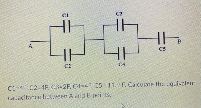 Solved A C1 ㅏ C3 ㅏ ㅔ ㅏ C2 C4 C5 B C1=4F, C2=4F, C3=2F, | Chegg.com