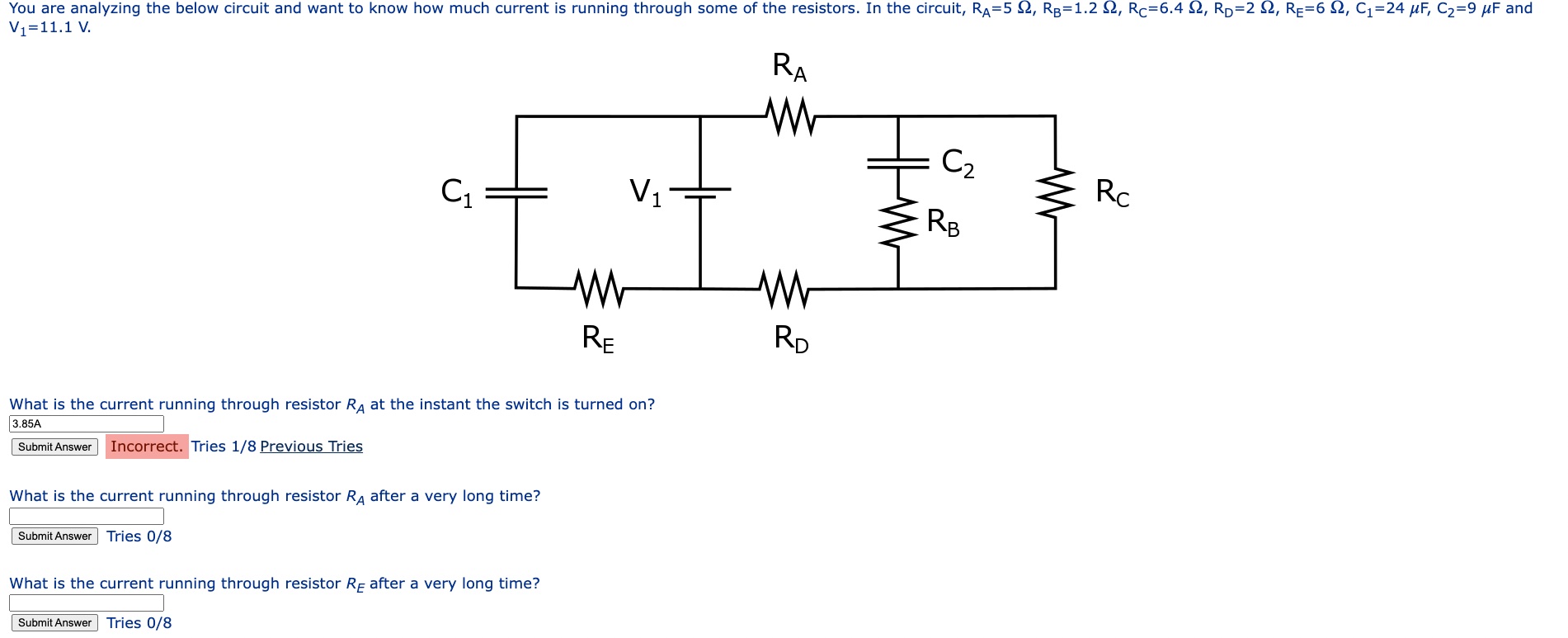 Solved v1=11.1V.What is the current running through resistor | Chegg.com