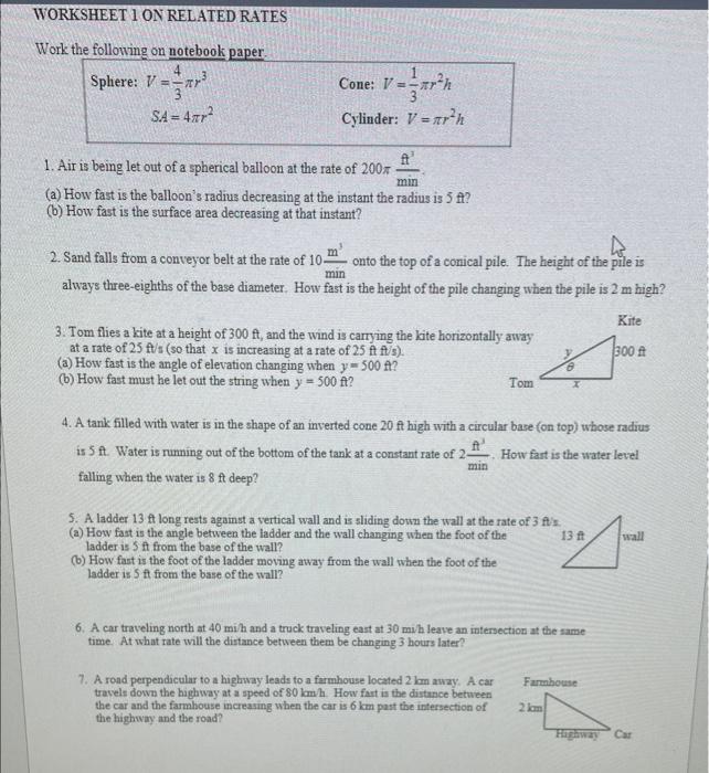 Solved WORKSHEET 1 ON RELATED RATES Work the following on | Chegg.com