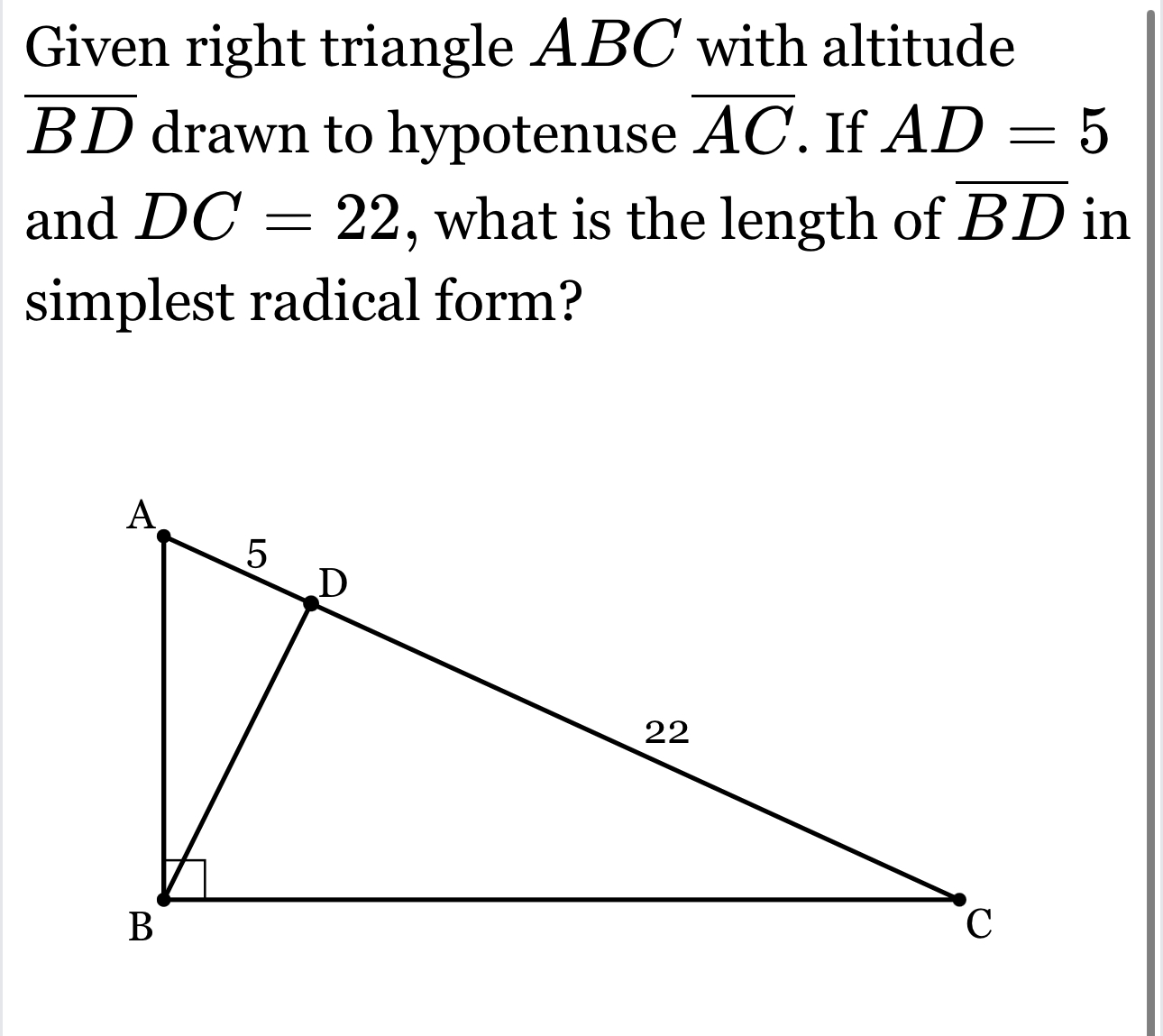 Solved Given right triangle ABC with altitude bar (BD) | Chegg.com