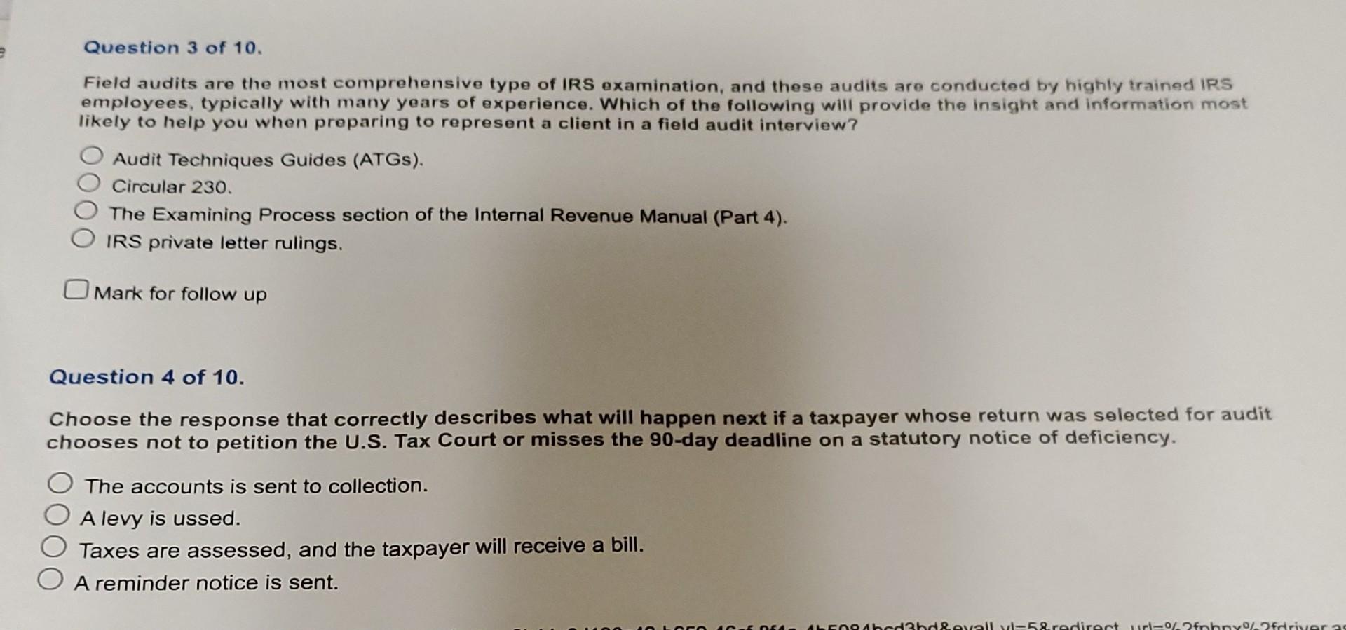 Solved Mark for follow up Question 3 of 10. Field audits are | Chegg.com